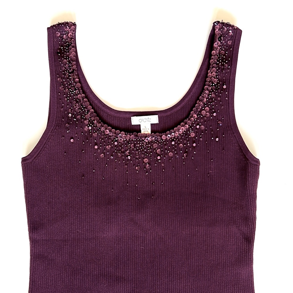 Cache Ribbed Purple Sequin & Beaded Tank - Gem